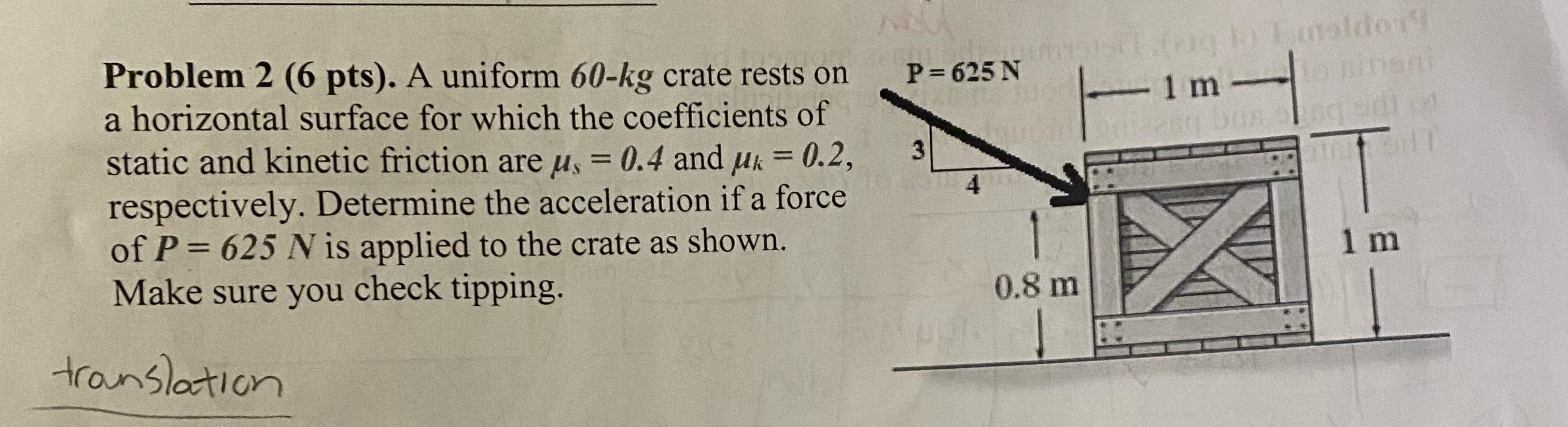 Solved old P=625 N 1 m DAT Problem 2 (6 pts). A uniform | Chegg.com