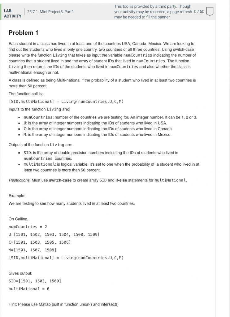 Solved Problem 1 Each student in a class has lived in at | Chegg.com