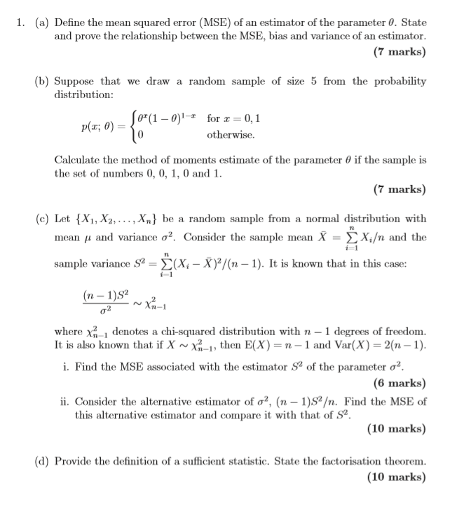 Solved 1. (a) Define the mean squared error (MSE) of an | Chegg.com
