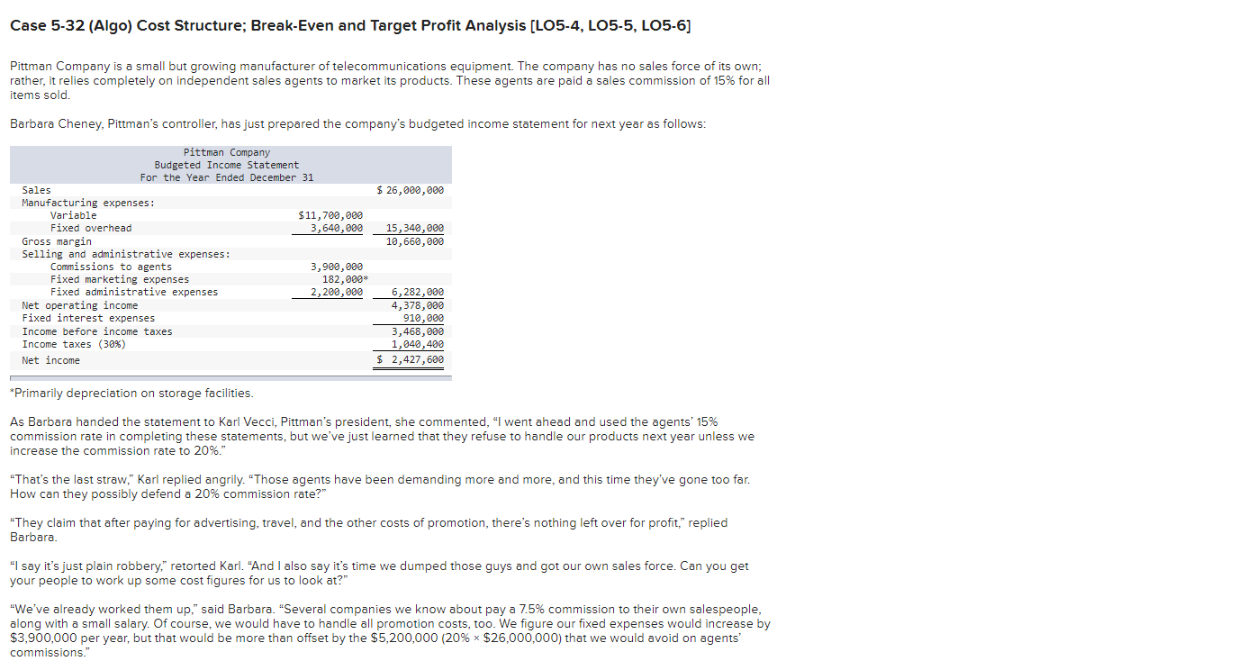 Solved Case 5-32 (Algo) Cost Structure; Break-Even and | Chegg.com