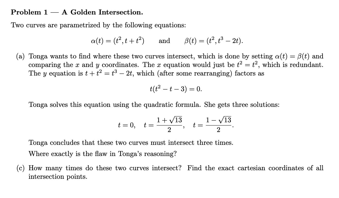 Solved Problem 1 A Golden Intersection. Two curves are | Chegg.com