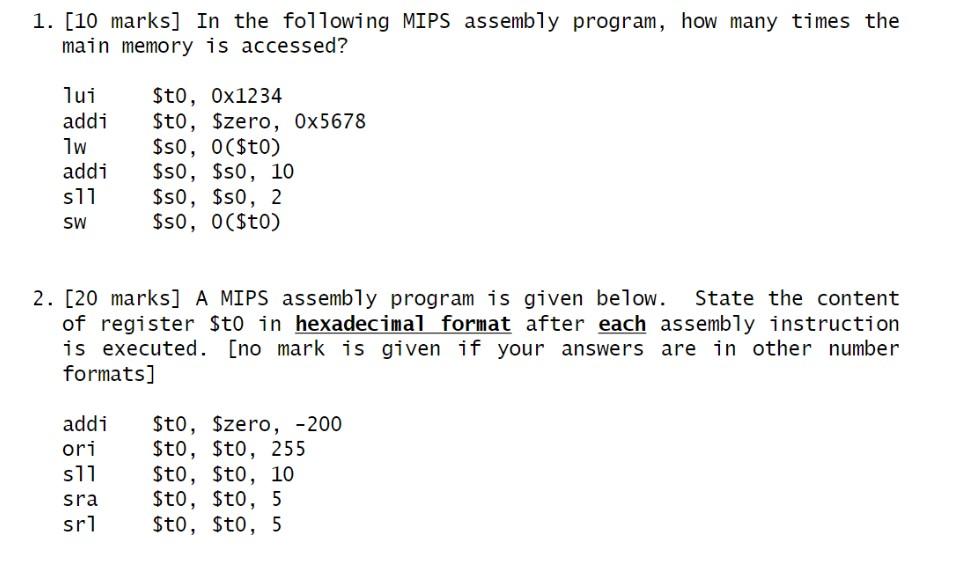 Solved 1. [10 marks] In the following MIPS assembly program, | Chegg.com