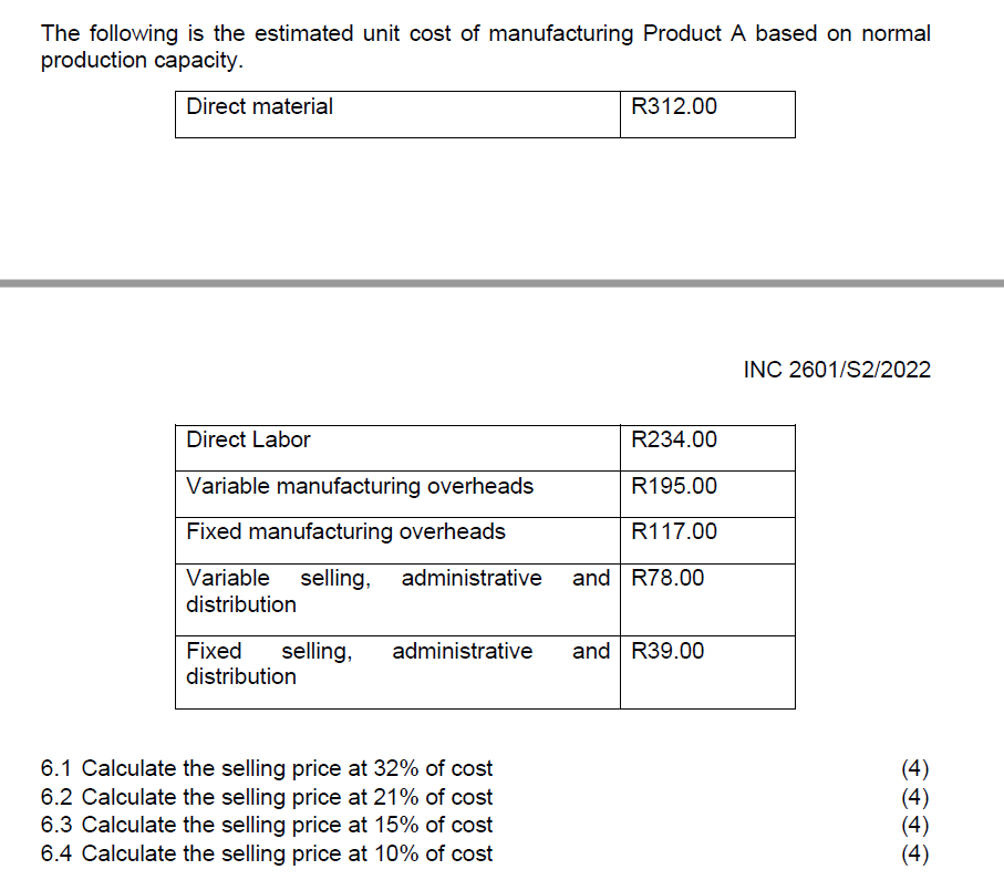 Solved The following is the estimated unit cost of | Chegg.com