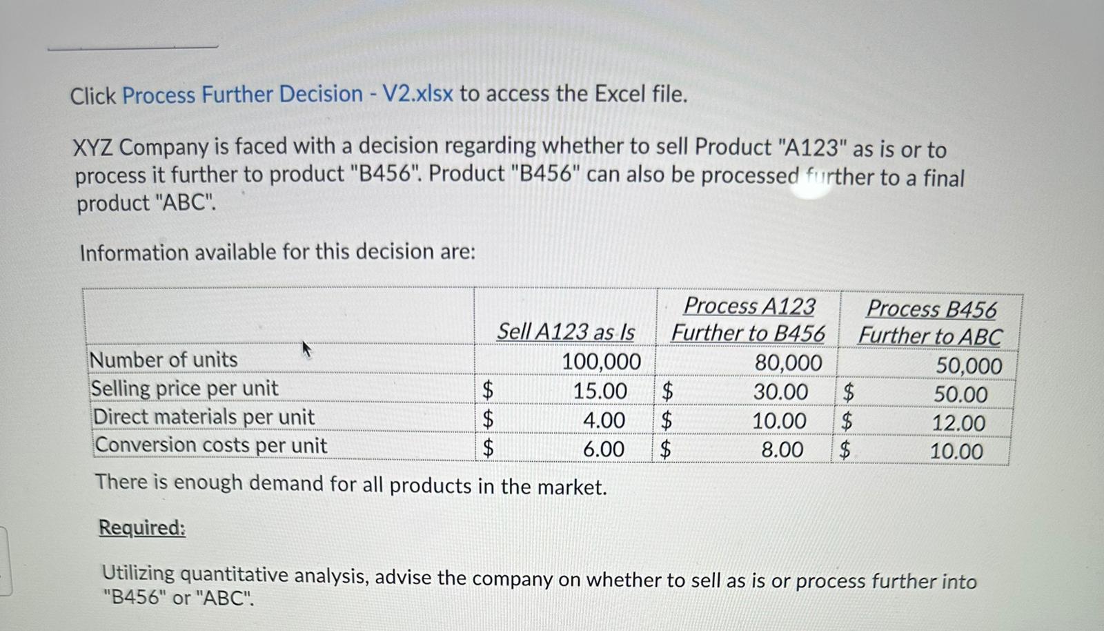 Solved Click Process Further Decision - ﻿V2.xlsx to access | Chegg.com