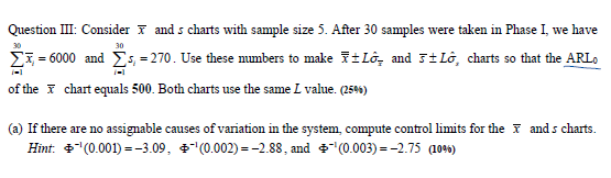 Solved Question III: Consider x‾ ﻿and s ﻿charts with sample | Chegg.com