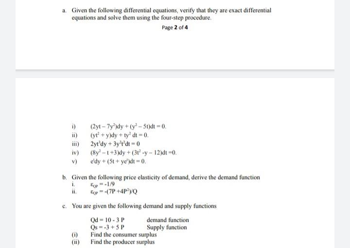 Solved a. Given the following differential equations, verify | Chegg.com