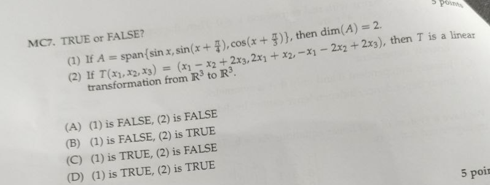 Solved MC7. TRUE or FALSE? (1) If | Chegg.com