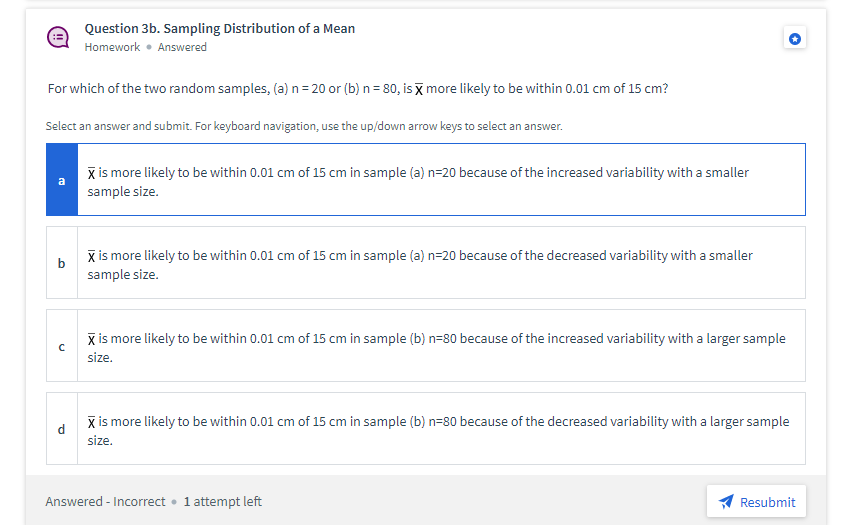 Solved := Question 3a. Sampling Distribution of a Mean | Chegg.com