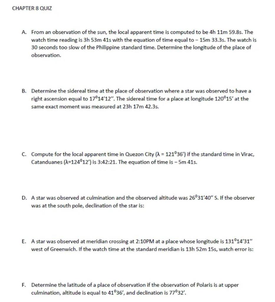 Solved A. From an observation of the sun, the local apparent | Chegg.com