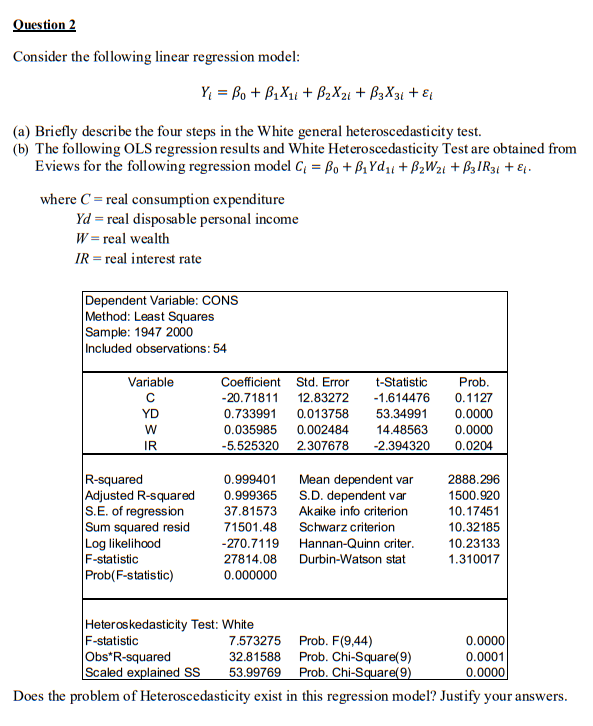 Question 2 Consider the following linear regression | Chegg.com
