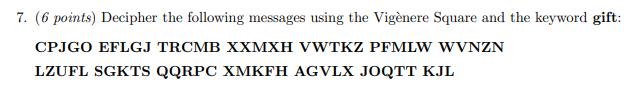 Solved 7. (6 points) Decipher the following messages using | Chegg.com