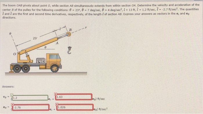 Solved The boom OAB pivots about point O, while section AB | Chegg.com