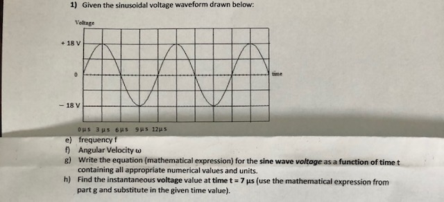 Solved 1) Given the sinusoidal voltage waveform drawn below: | Chegg.com