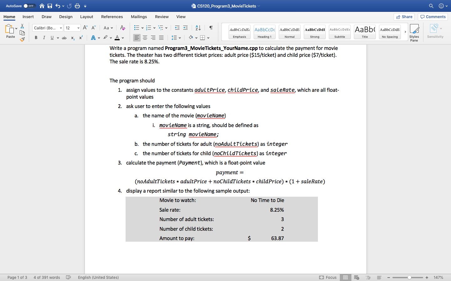 Solved AutoSave OFF A sro - W CS120_Program3_Movie Tickets | Chegg.com
