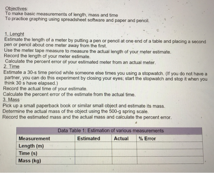 Solved Objectives To make basic measurements of length, mass | Chegg.com