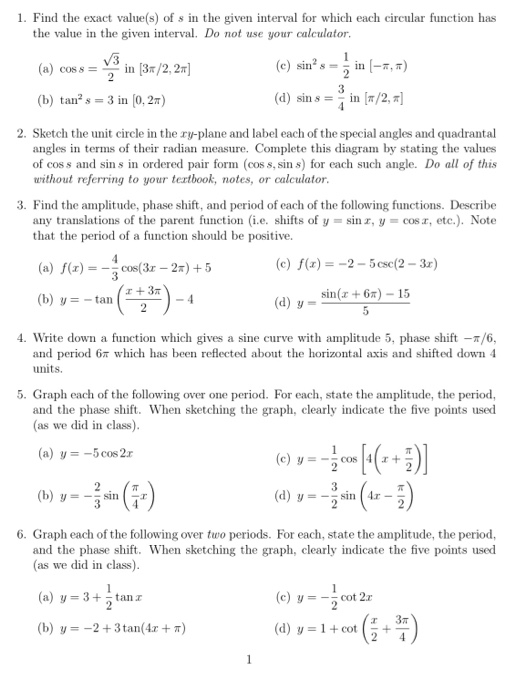 Solved 1. Find the exact value(s) of s in the given interval | Chegg.com