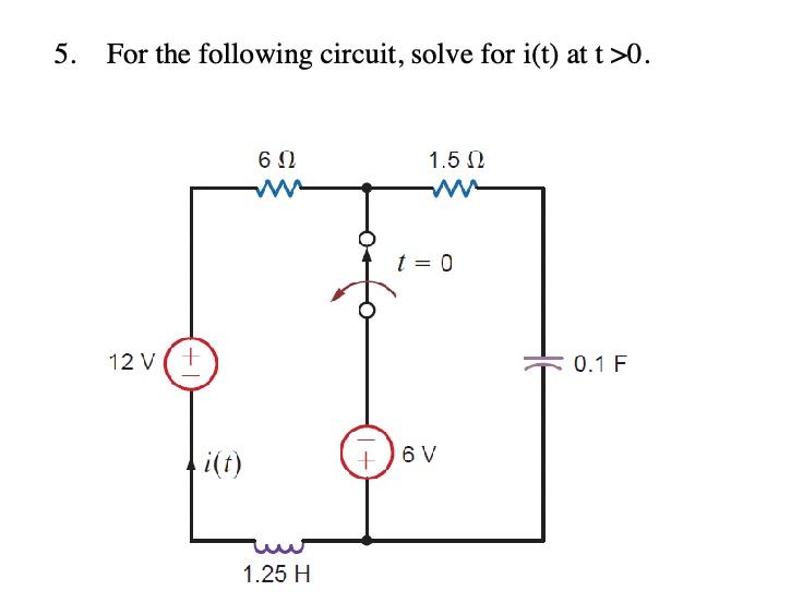Solved 5. For the following circuit, solve for i(t) at t>0. | Chegg.com