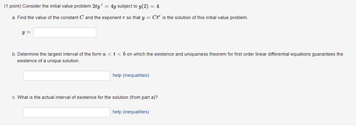 Solved ( 1 point) Consider the initial value problem 2ty′=4y | Chegg.com