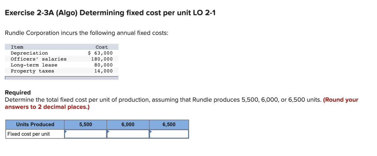 Solved Exercise 2-3A (Algo) Determining fixed cost per unit | Chegg.com