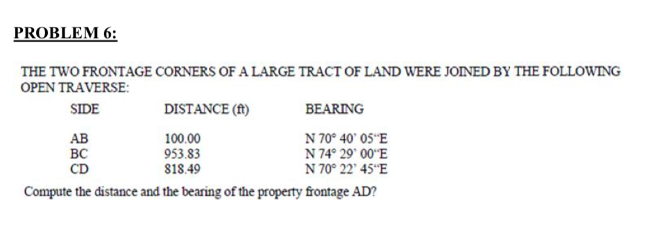 Solved PROBLEM 6: THE TWO FRONTAGE CORNERS OF A LARGE TRACT | Chegg.com