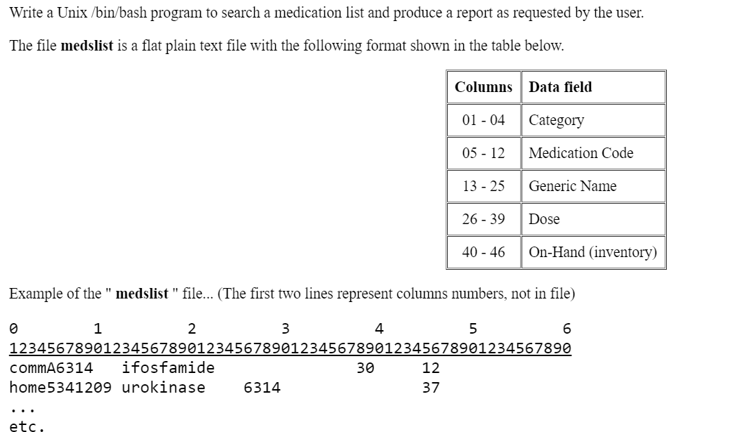 Solved Write a Unix /bin/bash program to search a medication | Chegg.com