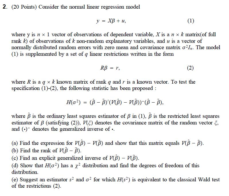 This is problem set form Econometrics. Consider the | Chegg.com