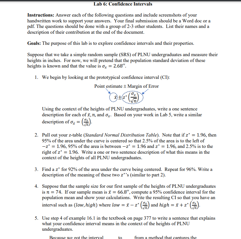 Solved Lab 6: Confidence Intervals Instructions: Answer each | Chegg.com