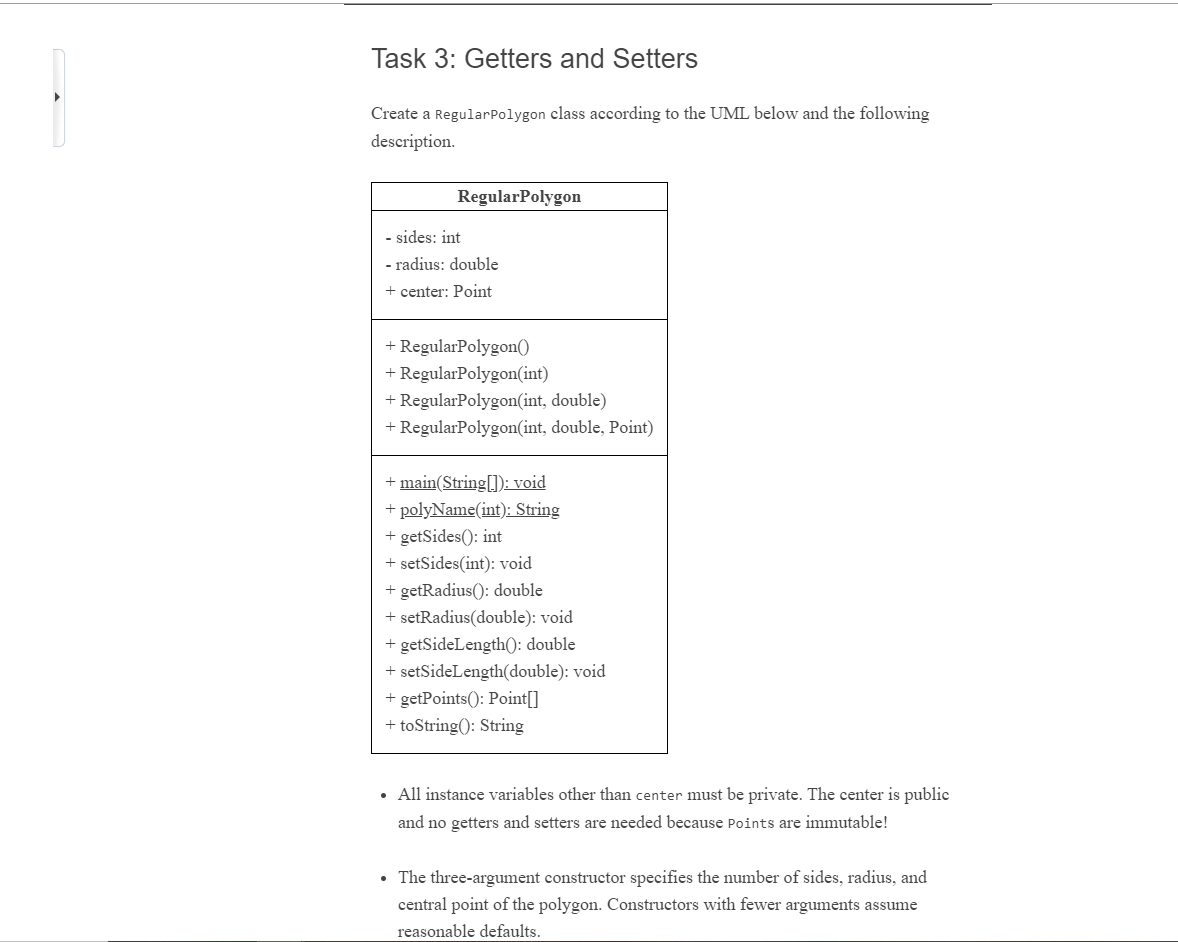 Task 3: Getters and Setters Create a RegularPolygon | Chegg.com