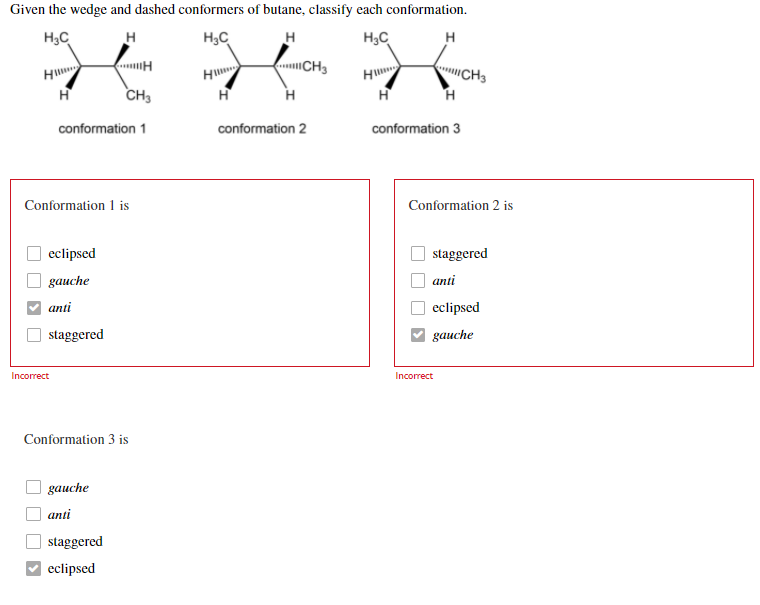 Solved Given the wedge and dashed conformers of butane, | Chegg.com