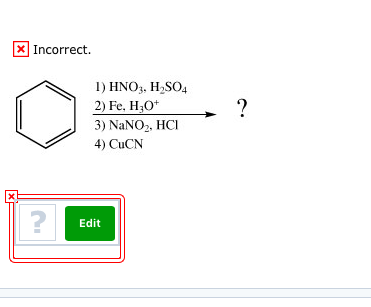 Solved Incorrect. 1) HNO3. H2SO4 2) Fe, H3O 3) NaNO2. HCI 4) | Chegg.com