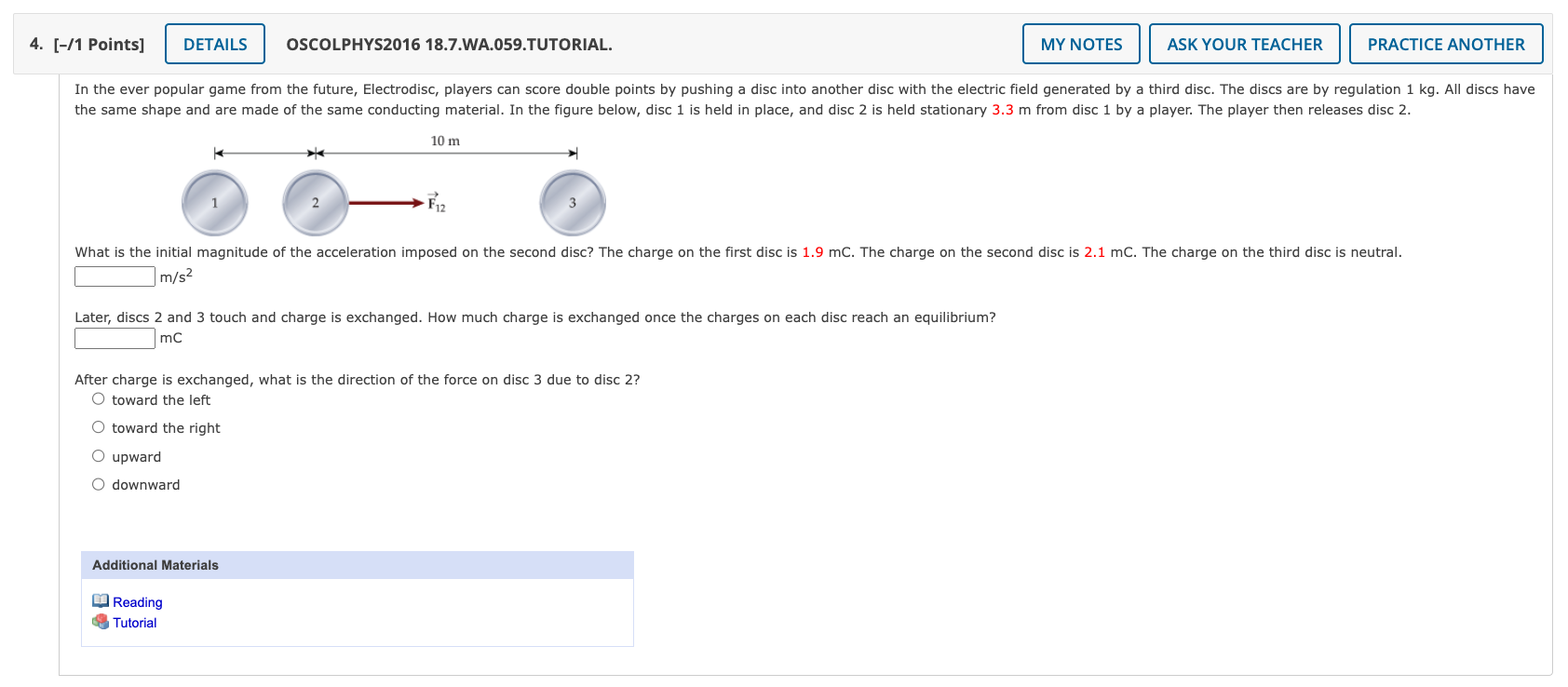 Solved m/s2 Later, discs 2 and 3 touch and charge is | Chegg.com