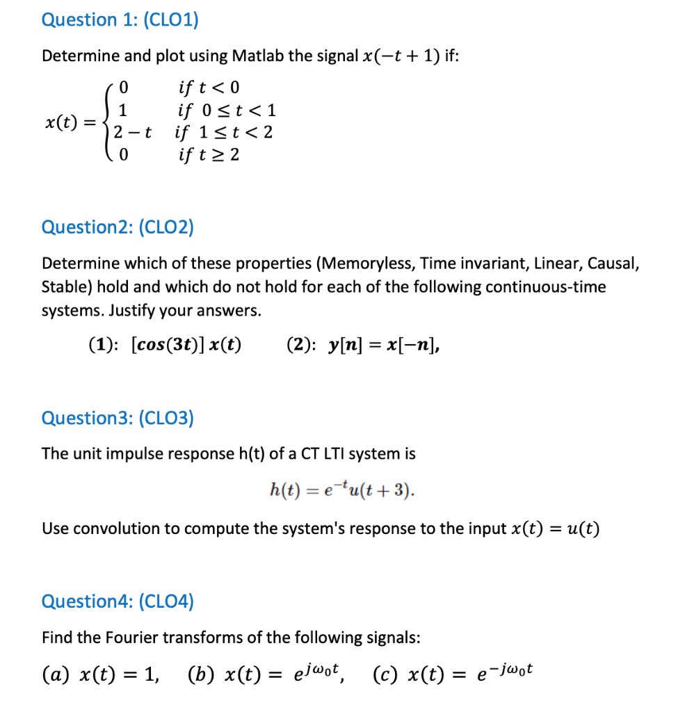 Solved Question 1: (CLO1) Determine and plot using Matlab | Chegg.com
