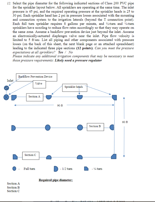 12. Select the pipe diameter for the following | Chegg.com