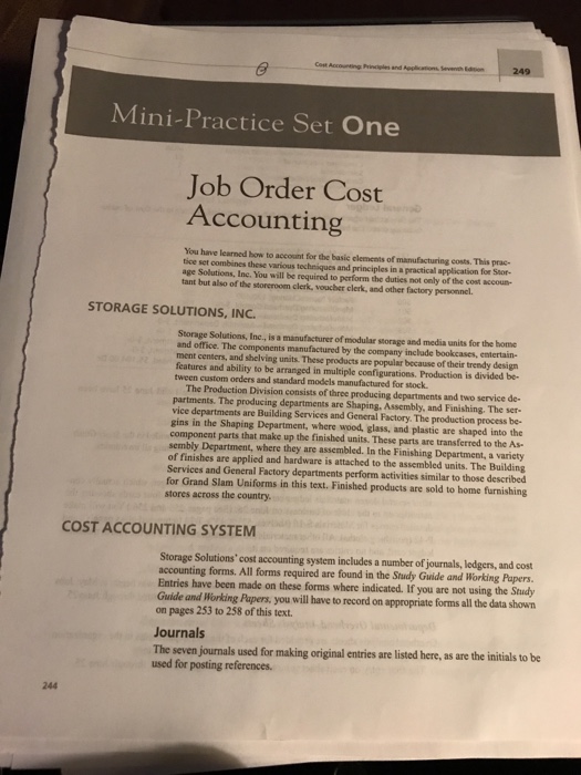 249 Mini-Practice Set One Job Order Cost Accounting | Chegg.com