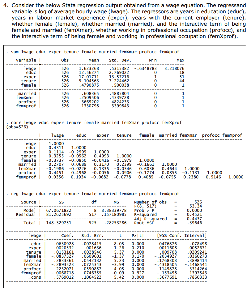 Solved 4. Consider the below Stata regression output | Chegg.com