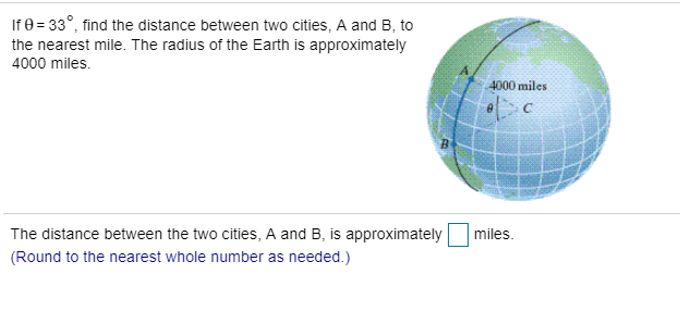 Solved If e 33° find the distance between two cities, A and | Chegg.com