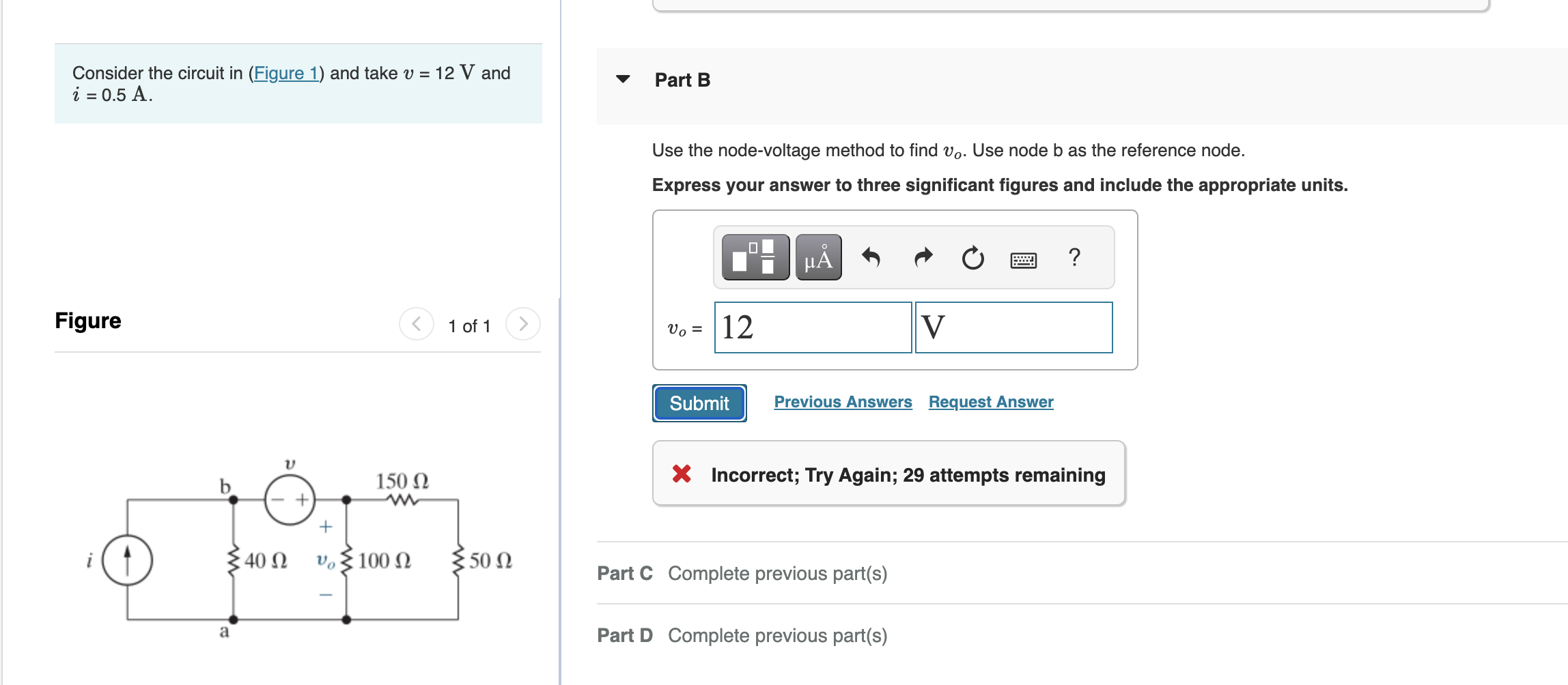 Solved Consider the circuit in (Figure 1) and take v=12 V | Chegg.com