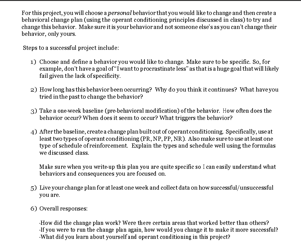 Solved For this project, you will choose a personal behavior | Chegg.com