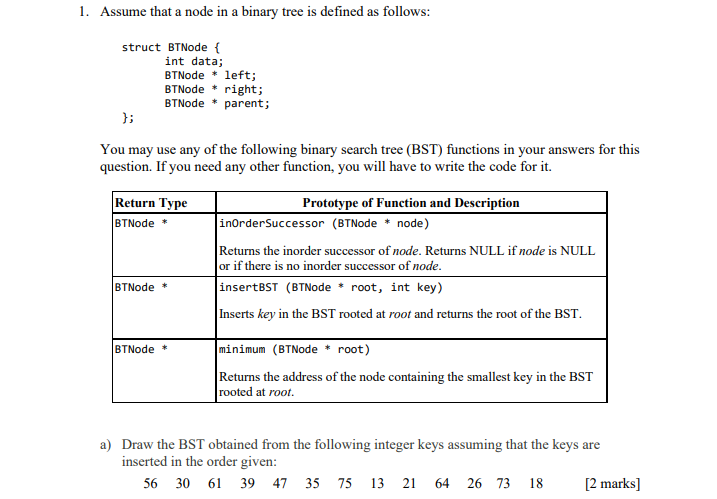 Solved 1 Assume That A Node In A Binary Tree Is Defined As 