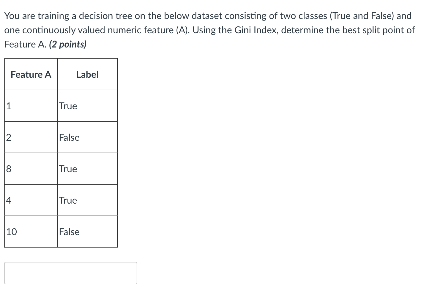 Solved You are training a decision tree on the below dataset | Chegg.com