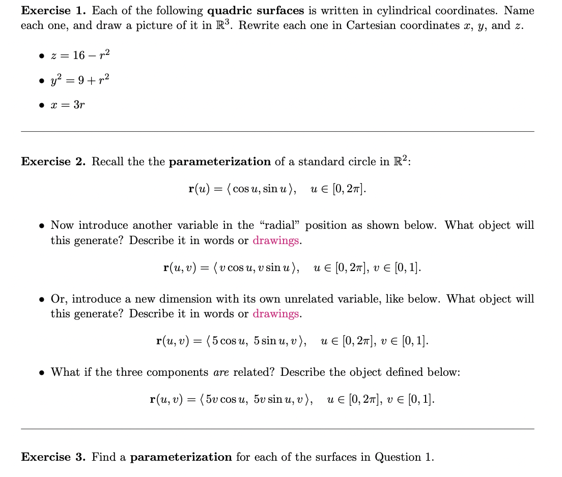 Solved Exercise 1. Each of the following quadric surfaces is | Chegg.com
