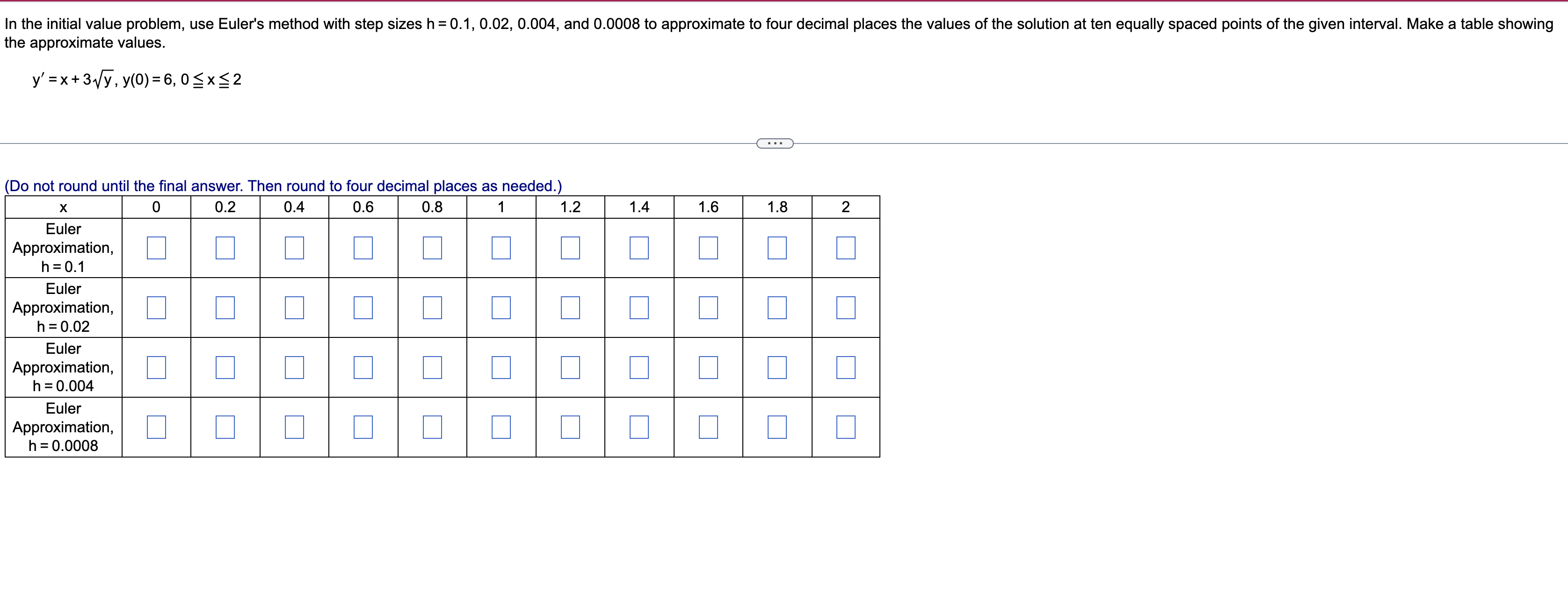 Solved the approximate values.y'=x+3y2,y(0)=6,0≤x≤2(Do not | Chegg.com