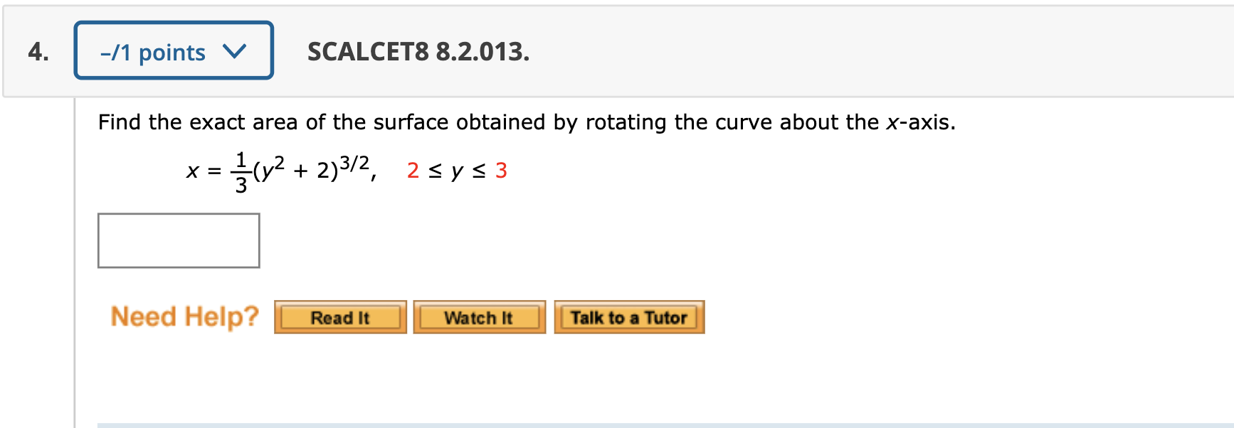 Solved -/1 points v. SCALCET8 8.2.013. Find the exact area | Chegg.com