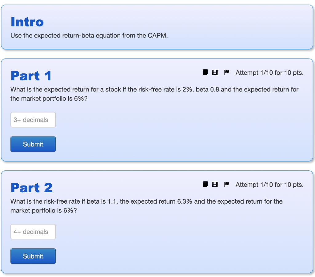 Solved Intro Use the expected return-beta equation from the | Chegg.com