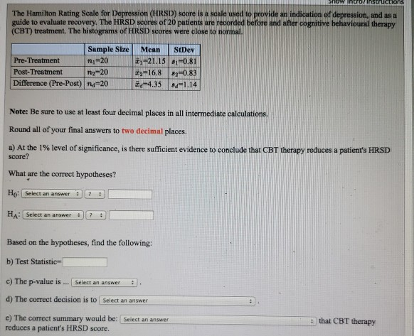 Solved The Hamilton Rating Scale for Depression (HRSD) score | Chegg.com