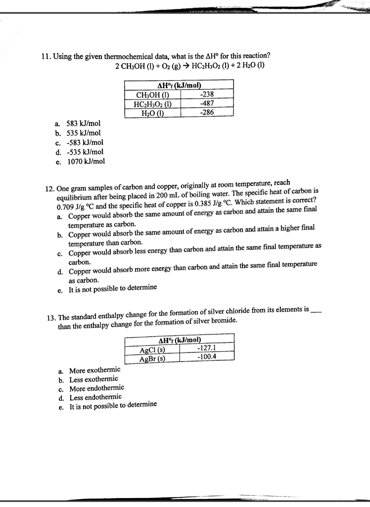 Solved 11. Using the given thermochemical data, what is the | Chegg.com