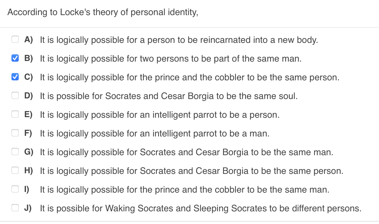 Solved According to Locke's theory of personal identity, A) | Chegg.com