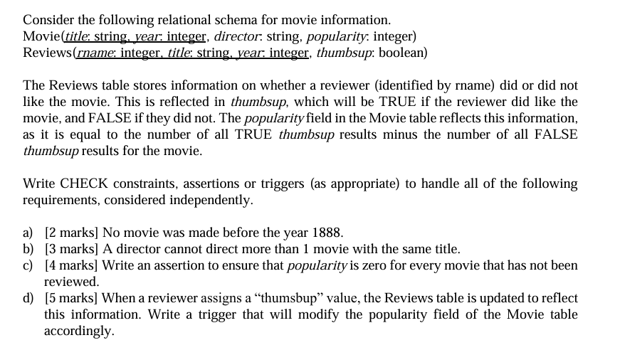 Solved Consider the following relational schema for movie | Chegg.com