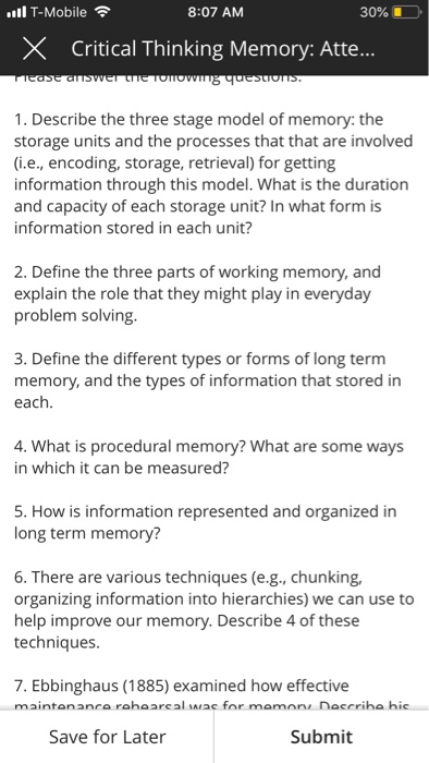 Solved l T-Mobile 8:07 AM 30%) X Critical Thinking Memory: | Chegg.com