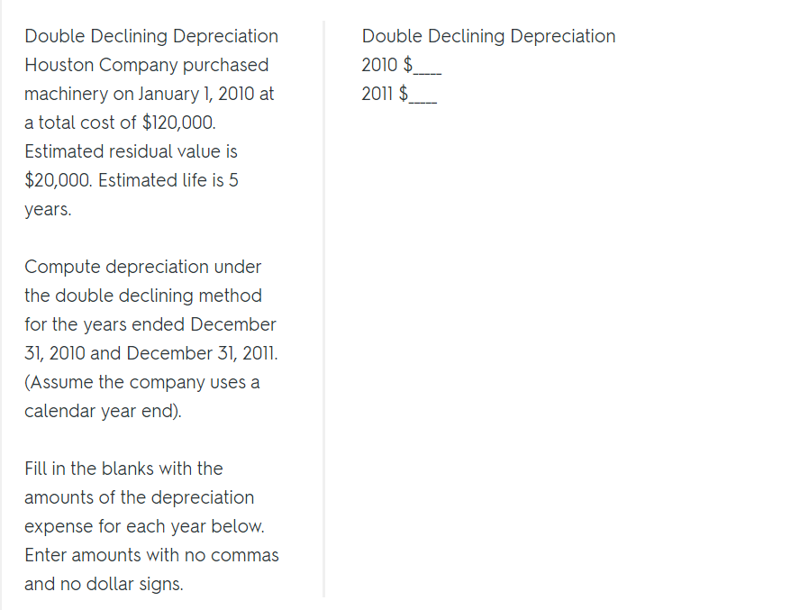 Solved Double Declining Depreciation 2010 $ 2011 $ Double | Chegg.com